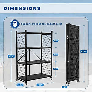 Lifetime Home 4-Tier Foldable Storage Shelf with Wheels - Metal Collapsible Shelving Unit Display, Rolling Cart for Books Kitchen Storage Shelves, Pantry & Closet Organizer, Office Room Decor - Black