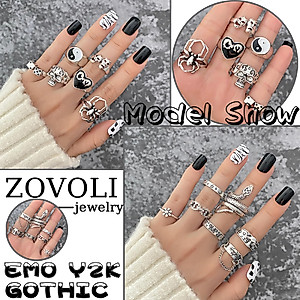 ZOVOLI 42-45PCS Vintage Sliver Goth Punk Rings Set for Women Men Cool Gothic Ring Pack Y2K Open Chunky Knuckle Emo Rings Skull Snake Flower Butterfly Trendy Stackable Rings for Gift (45PCS)