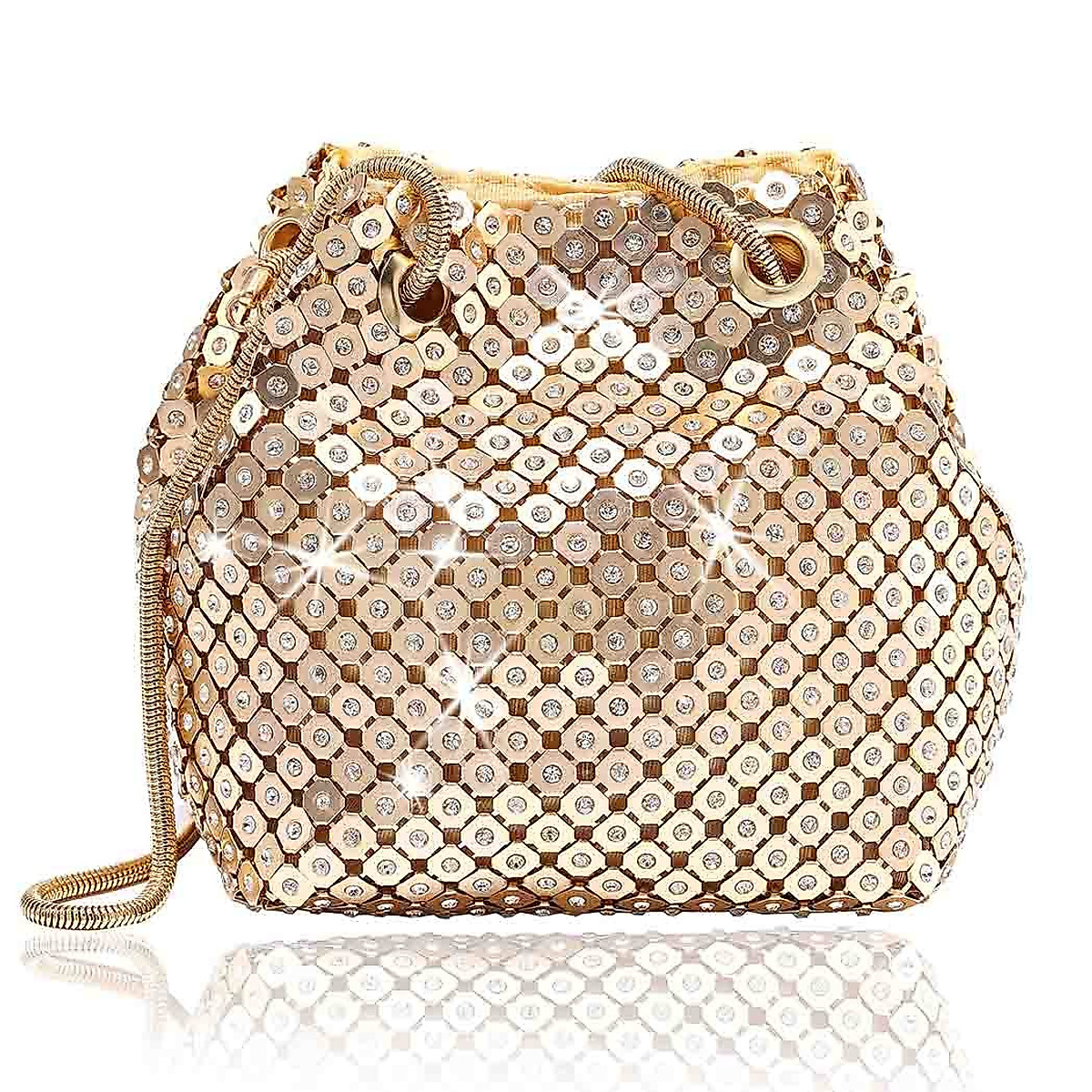 Yokawe Women's Bling Crystals Evening Clutch Bag Sparkly Metal Sequins Purse Glitter Rhinestone Bucket Bags Prom Cocktail Party Wedding Handbags (Gold)