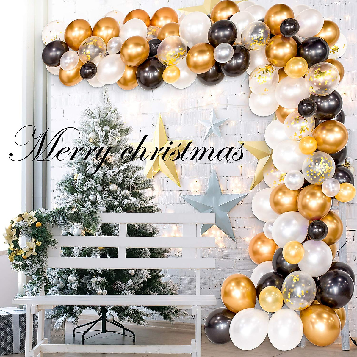 Whaline Balloon Arch & Garland Kit, 120Pcs Black, White, Gold Confetti and Metal Latex Balloons with 1pcs Tying Tool, Balloon Strip Tape for Graduation, Wedding, Birthday Decor