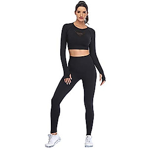 JOLLMONO Workout Sets for Women 2 Piece Yoga Gym Outfits Seamless Ribbed Leggings with Long Sleeve Tops(8003S-Black)