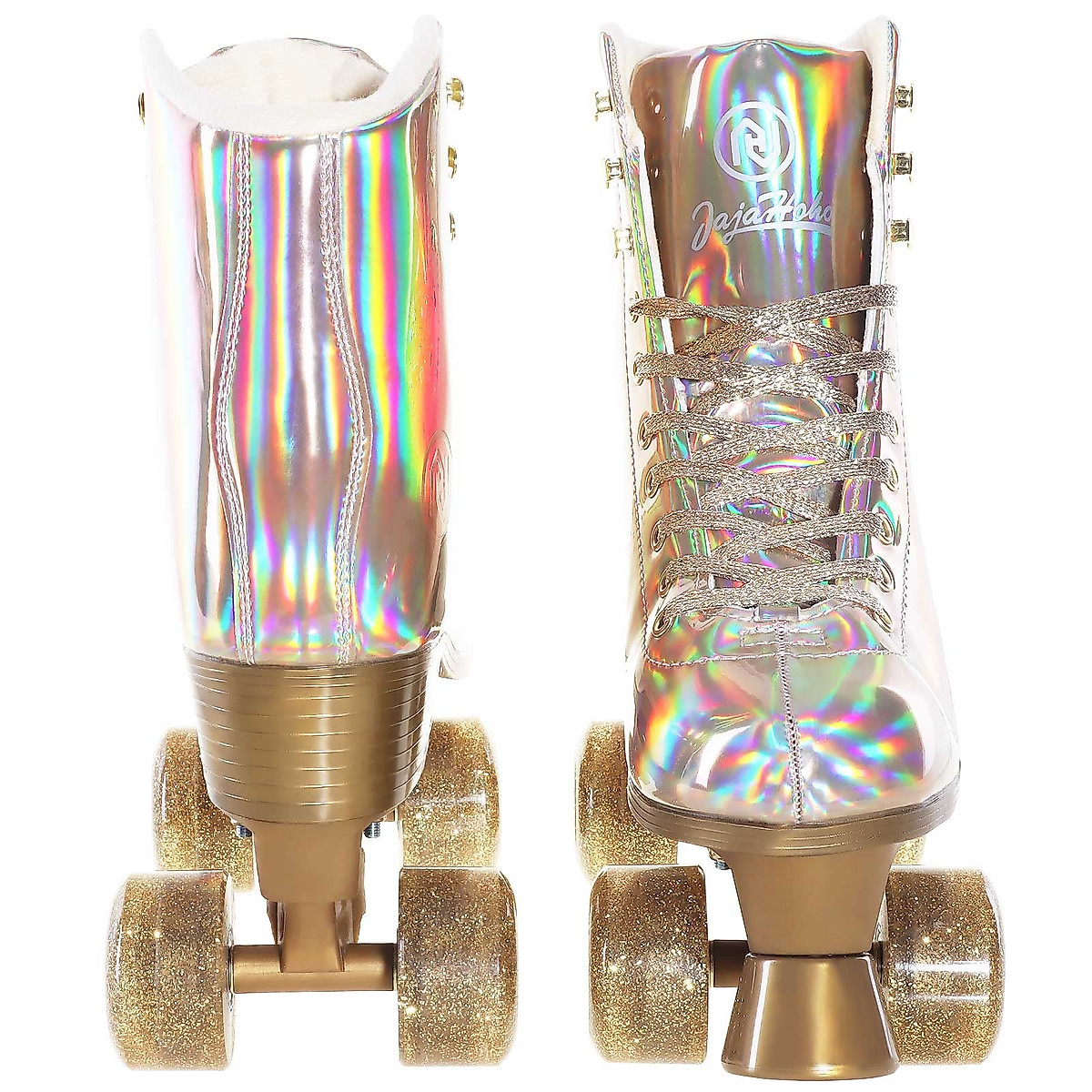 JajaHoho Roller Skates for Women, Holographic High Top PU Leather Rollerskates, Shiny Double-Row Four Wheels Quad Skates for Girls and Age 8-50 Indoor Outdoor (Size 8, Champagne Gold)