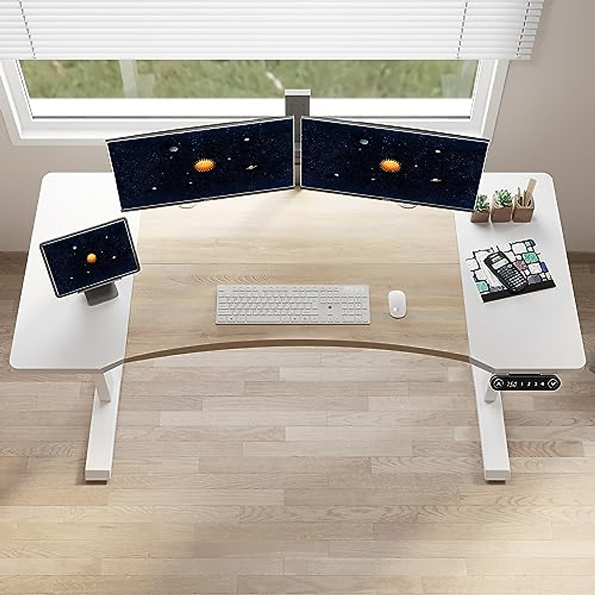 Dual Motor Electric Standing Desk, 63 x 30 Inches Height Adjustable Table with Splice Board, Ergonomic Sit Stand Computer Desk with White Frame/Oak+ White Top