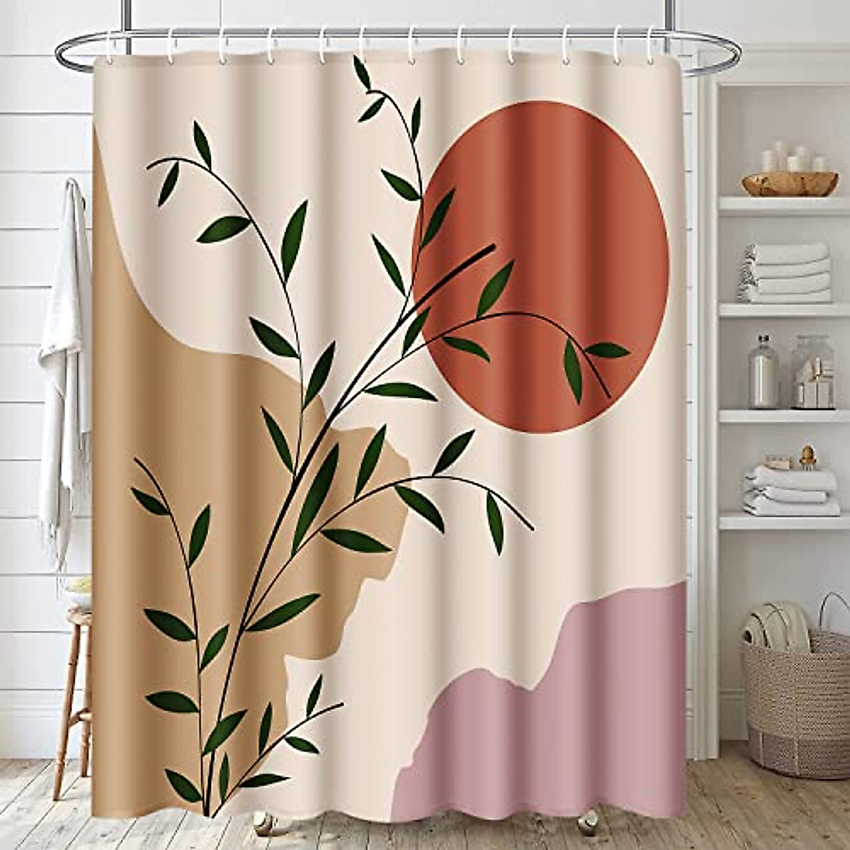 Boho Bathroom Sets with Shower Curtain and Rugs and Accessories, Mid Century Sun Orange Red Leaves Shower Curtain Sets, Modern Shower Curtains for Bathroom Decor 4 Pcs