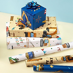 WERNNSAI Construction Wrapping Paper Rolls - 3 Short Rolls Birthday Wrapping Paper Rolls Kids Boys Wrapping Paper Rolls Trucks Wrapping Paper Blue Yellow White Gift Wrapping Paper with Cut Lines 17 in x 10 ft