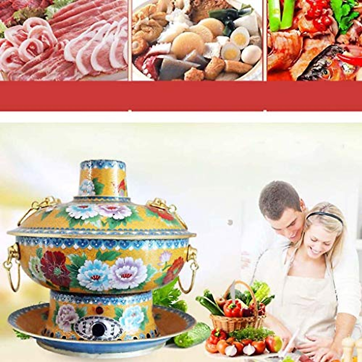 Chafing Dishes Casserole Pot For Hob And Oven Creative Cloisonne Copper Hot Pot Electric Copper Hot Pot Household Charcoal Copper Pot Retro Hot Pot (Color : Yellow, Size : 32cm)