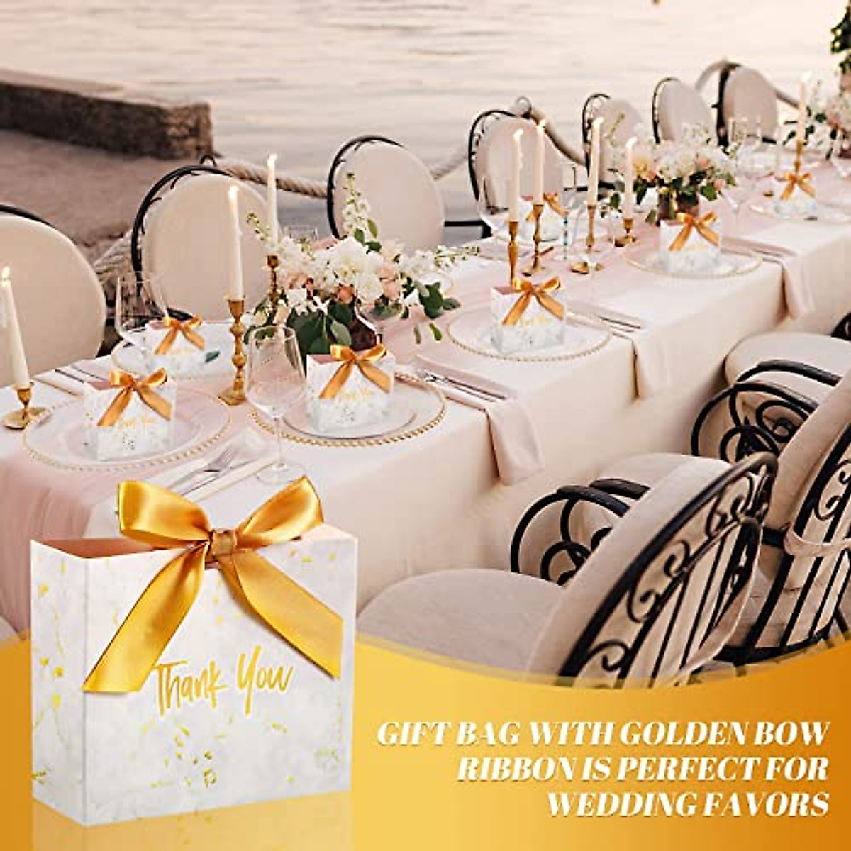 Mimorou 80 Pack Small Thank You Gift Bags Marble Pattern Party Favor Bag with Champagne Gold Bow Ribbon 4.53 x 1.77 3.94 Inch Wedding Mini Goodie for Adults Paper Wrap