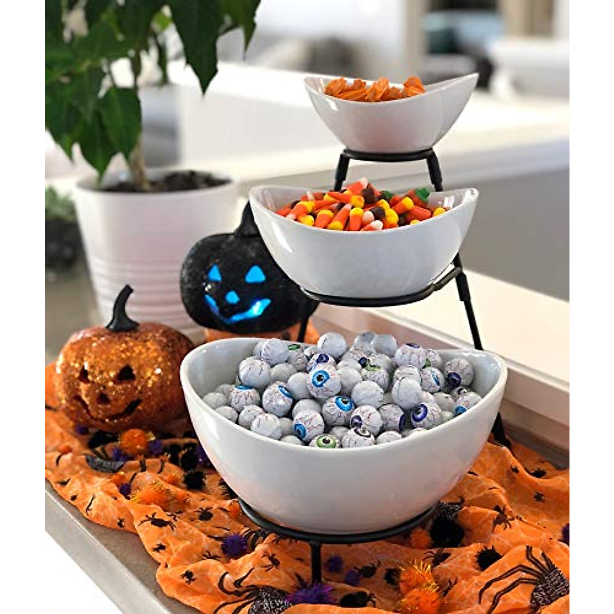 Partito Bella 3 Tier White Oval Bowl Set with Collapsible Thicker Metal Rack - Perfect Display for Chips, Dips, Candy, Fruit and More Collapsible Stand with Nesting Bowls for Easy Storage