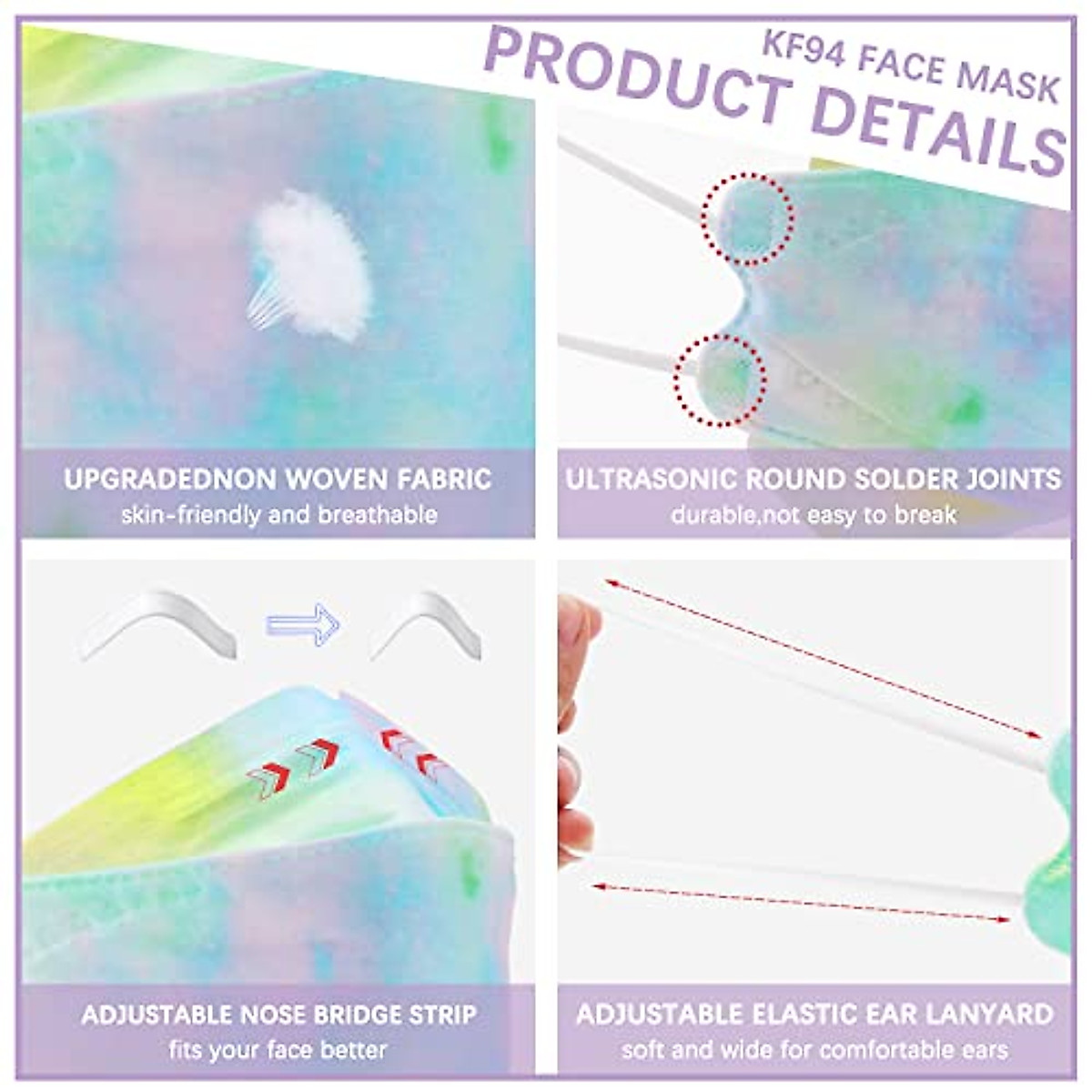 KF94 Mask 60 PCS Individually Wrapped Face Mask 4 Ply Protection 3D Fish Type KF94 Masks for Adults (Tie dye)