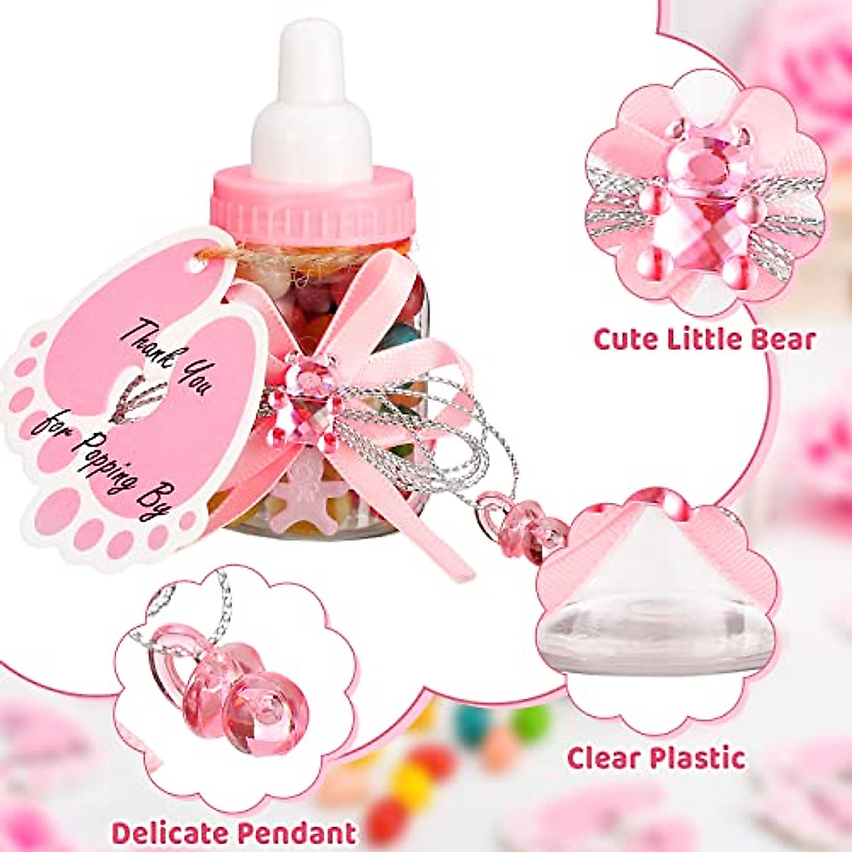 50 Pcs 3.5 x 1.6 Inch Baby Bottle for Baby Shower Mini Feeding Bottle Candy Box Plastic Milk Bottles with Ribbon for Baby Shower Favor Gift Decoration, Pink