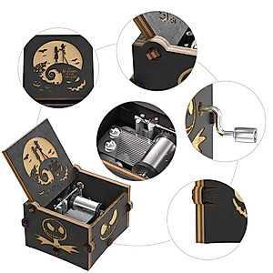 Ucuber Before Christmas Music Box, Engraved Mini Wood Music Box Gift, Melody This is Halloween, Home Decor for Halloween Valentines Christmas Boys and Girls