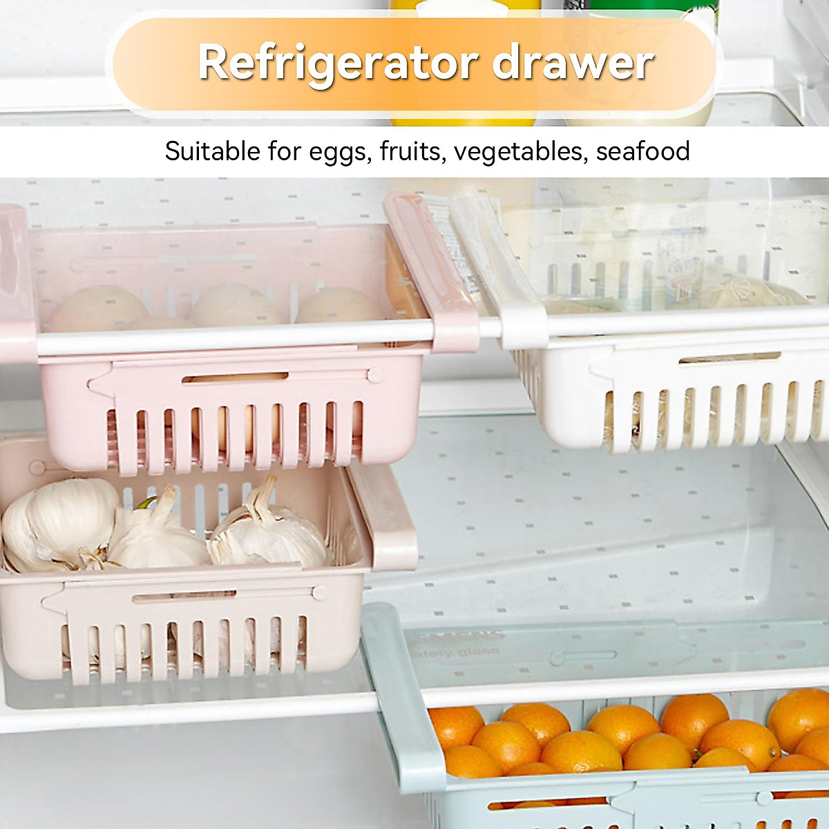 Gsycle Refrigerator Drawer Organizer, 2PCS Fridge Drawer Organizer Pull out Storage Box Refrigerator Bins Refrigerator Shelves for Egg Fruit Vegetable Seafood(Beige)