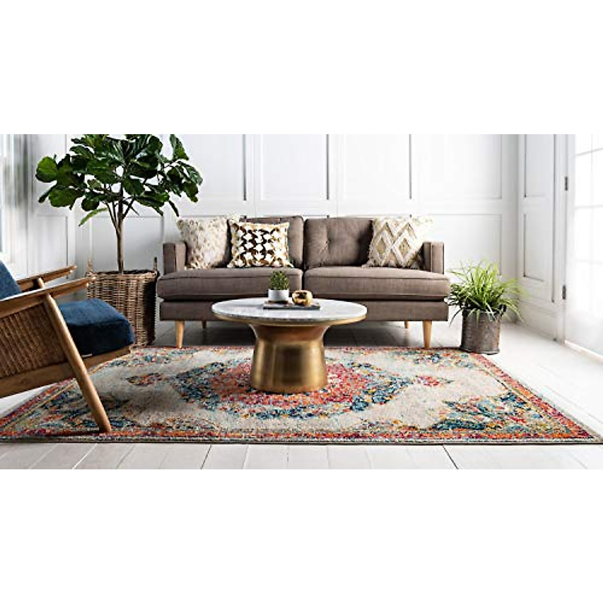 Unique Loom Penrose Collection Distressed Traditional Vintage Rug with Center Medallion, Rectangular 9' 0" x 12' 0", Ivory/Black