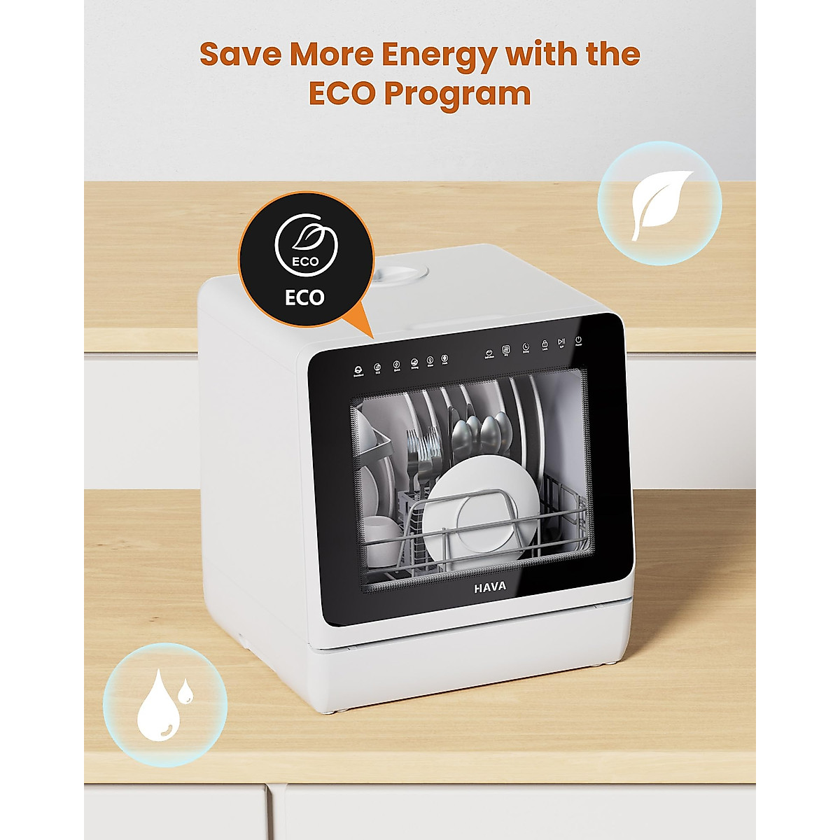 HAVA 2025 NEW Upgraded Countertop Dishwasher with Water Softener and Enhanced Energy Efficiency, Portable Dishwasher with 8 Wash Programs, Child Lock & Delayed Start Function, No Installation Needed