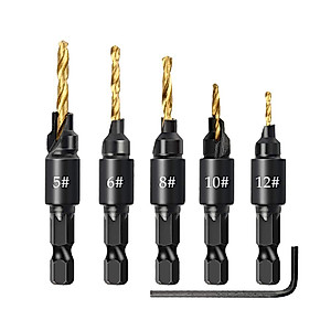 Xnrtop Woodworking Tool Countersink Drill Bit Set 1/4 Inch Hex Shank Power Tools Accessories for Plastic Metal 5Pcs/Set #5#6#8#10#12 (Gold)