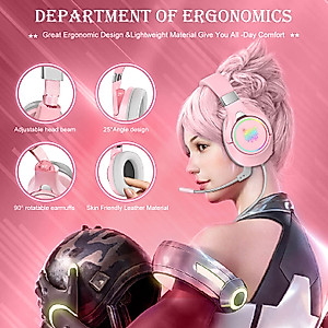 HOLULU Foldable Pink Gaming Headset Compatible with PS5 PS4 PC Mobile Phone Tablet Xbox One(Adapter Not Included), with Detachable Noise Canceling Mic, 3.5mm & USB C Plug, for Adults & Kids