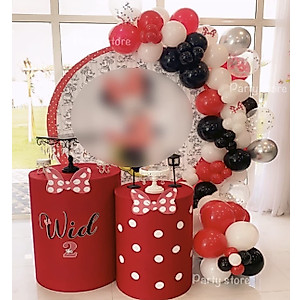 NIVIUS PHOTO Red Zigzag Line White Cylinder Cover for Baby Girl Birthday Party Decoration Stretchy Cloth Plinth Cover Pedestal Cover