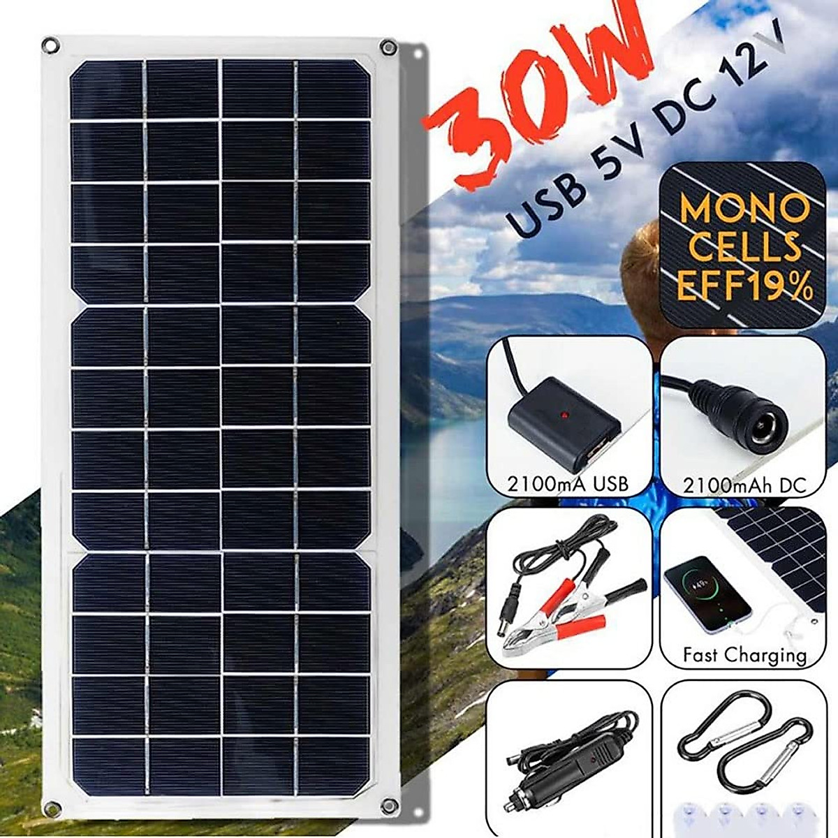 30W 12V Lightweight Solar Panel Charger Portable Solar Panel Kit Flexible Solar System for Outdoor Power Supply Camping Travel Mobile Phone