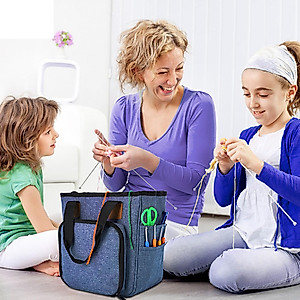 HYMIC Yarn Storage Organizer Tote Bag, Portable Storage Bag for Yarns, Tote-Large Capacity Crochet Organizer Crocheting Kit, Knitting Needles, Yarn Balls, Project & Sewing (Blue)