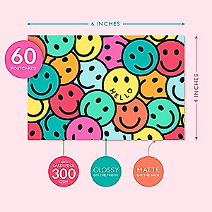 Sweetzer & Orange Hello Postcards Pack (60 Post Cards) 4x6 Postcards for Kids and Adults. 300gsm Note Cards. Blank Hello Greeting Cards, Smiley Face Hello Cards