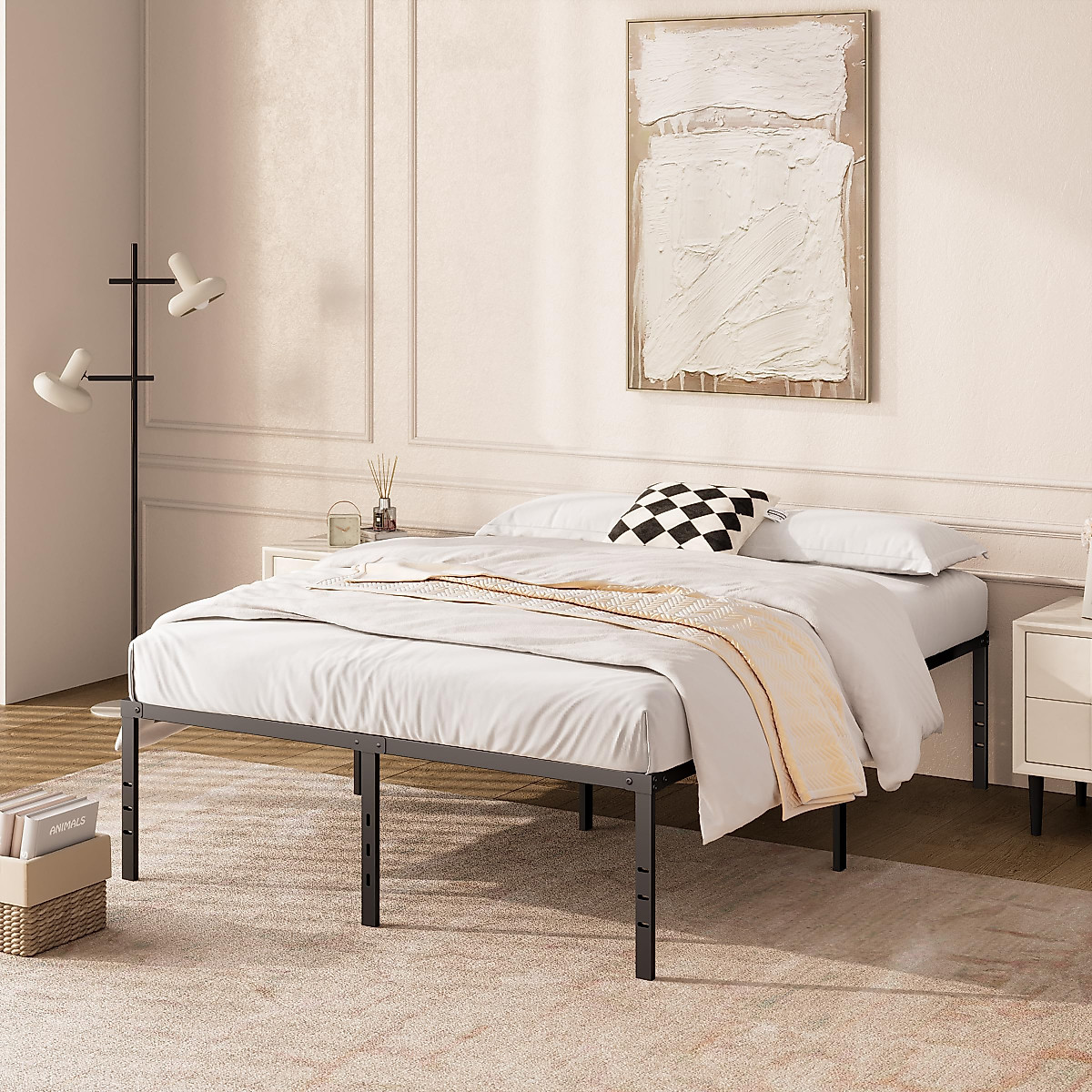 Jebosam 18 inch High Bed Frame Full Size Heavy Duty Platform Steel Support 2500 lbs Full Size Bed Frame No Box Spring Needed Non-Slip Noise Free Easy to Assembly Black Metal Bed Frame Full