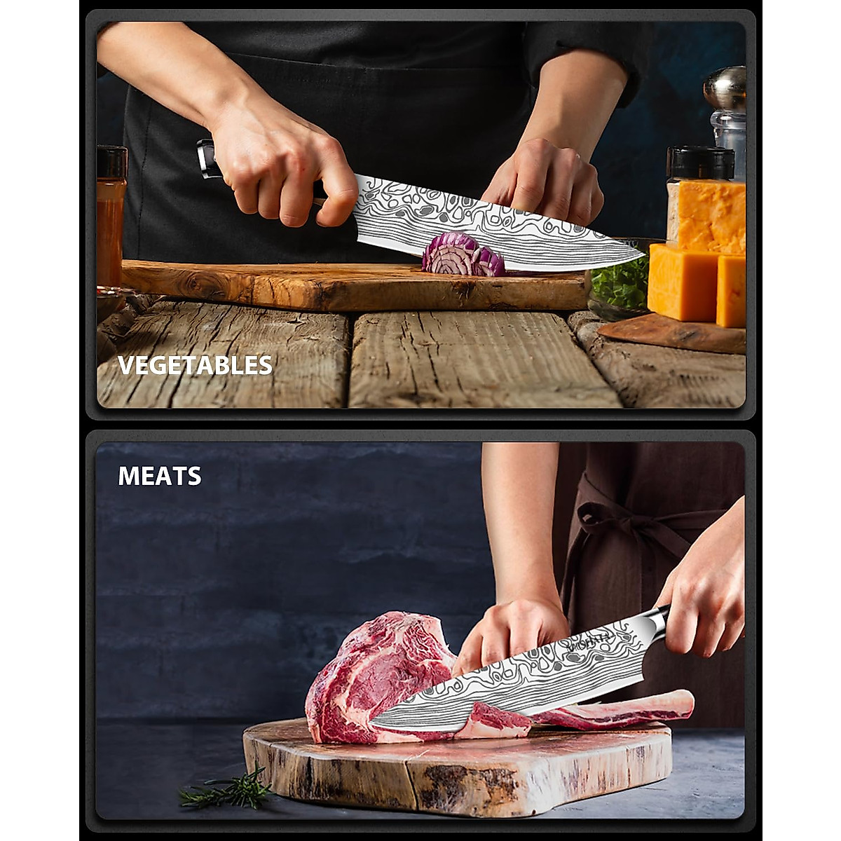 MOSFiATA 8" Super Sharp Professional Chef's Knife with Finger Guard and Knife Sharpener, German High Carbon Stainless Steel EN1.4116 with Micarta Handle and Gift Box