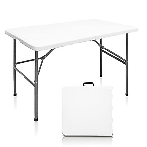 HQTrailTrekker Folding Table 4ft Portable Plastic Dinning Table Heavy Duty Fold-in-Half Utility Tables Foldable Sturdy Indoor Outdoor Table for Camping Picnic Party and Card (White)