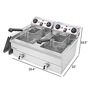 ROVSUN 24.9QT/ 23.6L Electric Deep Fryer w/Frying Baskets Timer Drains & Lids, Dual Tank Kitchen Countertop Commercial Frying Machine, Adjustable Temperature, 3400W 110V 60HZ