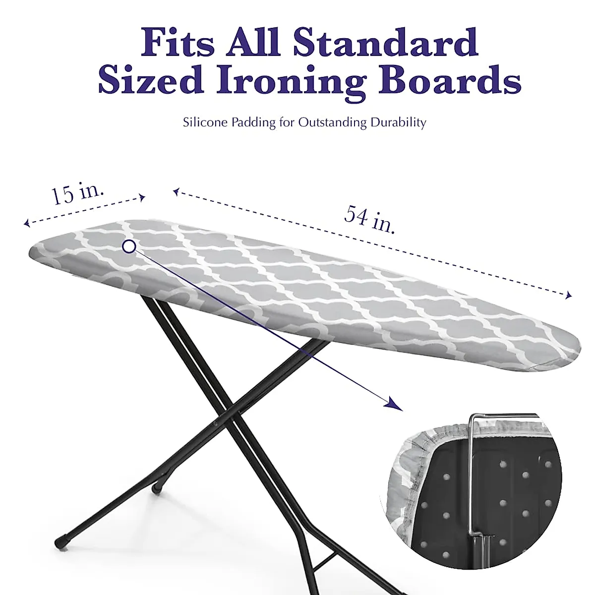 Epica Ironing Board Cover and Pad - Standard Size 15x54 Padded Ironing Board Covers, Heat Reflective Coating, Scorch & Stain Resistant Iron Board Cover with Padding Grey & White Lattice