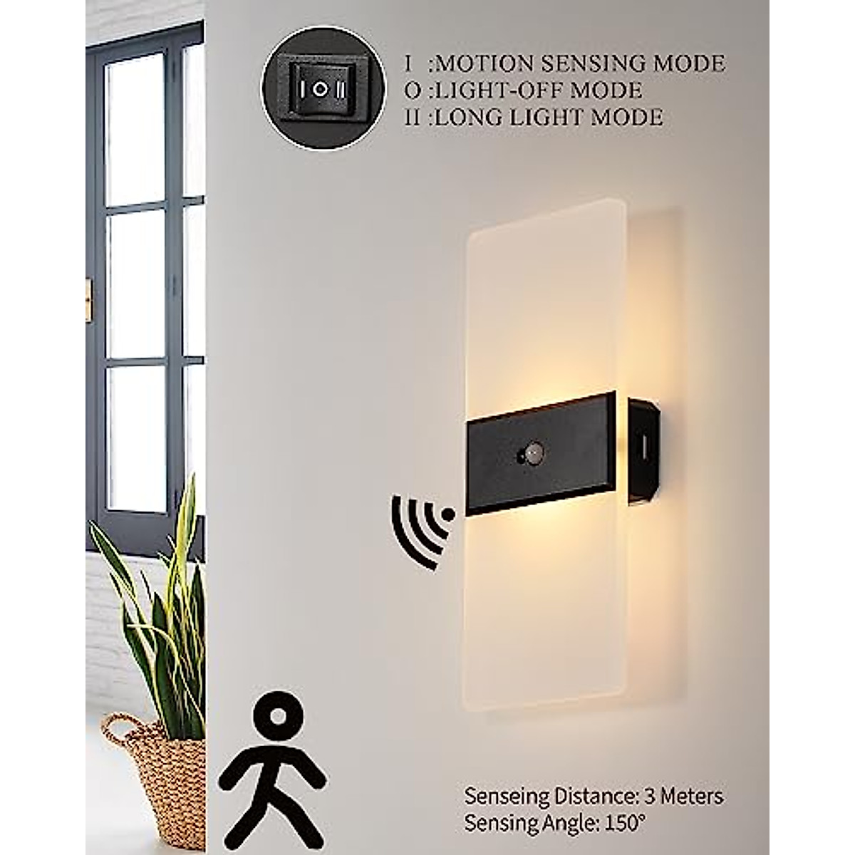 pasentel Motion Sensor LED Wall Sconces, 2-Pack Acrylic USB Rechargeable Wall Light Battery Operated Night Light Indoor Led Wireless Wall Lamp for Stairs, Hallway, Bathroom, Bedroom, BD025-LEB-BK2
