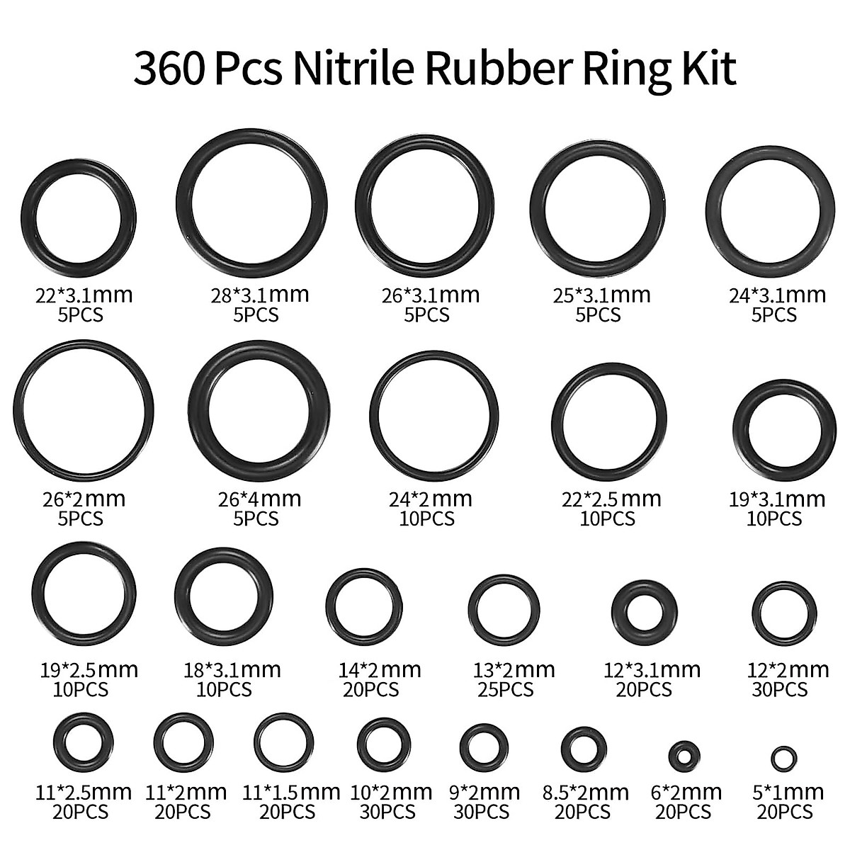 O Ring Assortment Kit, 360 Pcs Rubber Washer Orings, 24 Sizes Pressure Washer O Ring Kit for Faucet, Hose, Automotive, Air Gas Plumbing Sealing Repair O Rings, Black