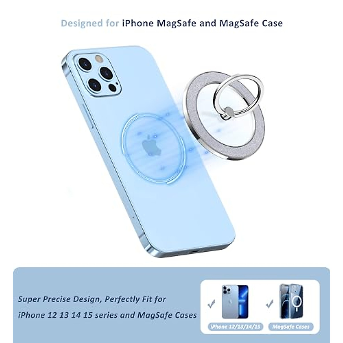 Magnetic Phone Ring Holder for MagSafe - Pikabo Magnetic Phone Grip, Phone Stand, Phone Finger Ring for iPhone MagSafe, Compatible with Wireless Charging. (Glitter Silver)
