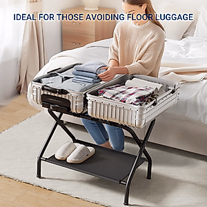 Jsluiiys Luggage Rack, Folding Luggage Stand, Collapsible Metal Luggage Holder, Heavy-Duty Suitcase Stand with Storage Shelf, Luggage Racks for Guest Room, Bedroom, Hotel Space Storage Rack, Black