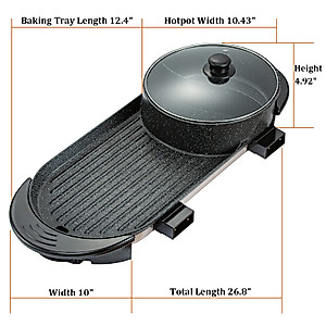 TECSPACE 2 in 1 Smokeless Hot Pot with Grill 2200W, 36.2"Length, 3.2 Qts.Korean BBQ Grill Pan Shabu Shabu Hot Pot with Divider, Dual Temperature Control, Suitable for 2-12 People for Family Party