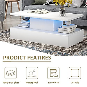 Merax 47.2'' 2-Tier LED Light White Coffee Table, Modern Industrial Design Cocktail Table with 16-Color LED Lighting and a Remote Control for Livingroom