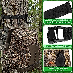 whumsdog Bow Hanger for Tree Stand, Treestand Strap Hunting Gear Hanger, Bow Hunting Tree Stand Accessories Holder with 4 Metal Hooks for Gears Bow Quiver Backpack Tree Saddle