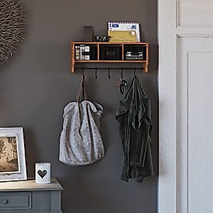 Merrick Lane Enid Wall Mount 24 Inch Solid Pine Wood Storage Rack with Upper Shelf, Hooks, and Wire Baskets for Living Room, Kitchen, or Entryway in Rustic Brown