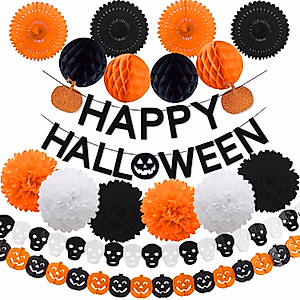 Halloween Party Decorations,Black Glittery Happy Halloween Orange Pumpkin Banner All-in-One Pack for Halloween Theme Party Supplies Decorations Kit for Kids