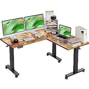 Claiks Triple Motor L Shaped Standing Desk, 63 x 55 inch Corner Stand Up Desk, Adjustable Height Desk with Splice Board, Black Frame/Rustic Brown Top