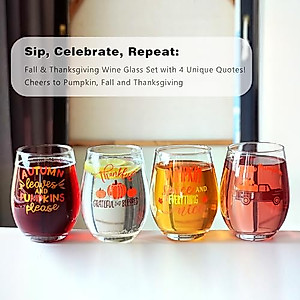 CNVOILA Fall Wine Glass Set: Stemless Drinking Glasses & Cups for Thanksgiving, Autumm Halloween Decor & Decorations, Pumpkin Mugs Cuos Perfect Fall Gifts 4pc