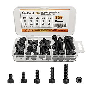 Cicidorai M6 x 8mm 12mm 16mm 20mm 25mm Hex Socket Head Cap Screws Bolts, 12.9 Grade Alloy Steel, Black Oxide Finish, Fully Threaded, Metric Allen Hex Drive, Assortment Kit 50Pcs