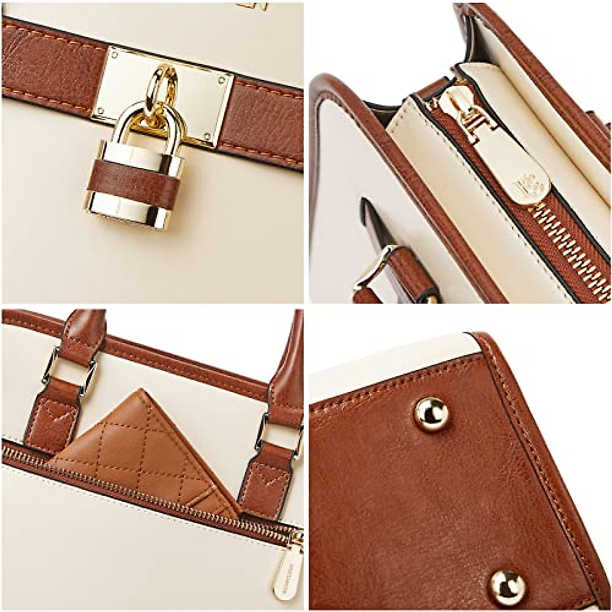 BOSTANTEN Women Leather Handbags Fashion Designer Purses Two Tone Satchel Top Handle Bags with Crossbody Strap,Beige