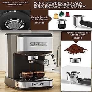 Espresso Machine 20 Bar Pump Pressure, Cappuccino Coffee Maker with Milk Foaming Steam Wand for Latte, Mocha, Cappuccino, with 2 in 1 Powder and Capsule Portafilter, Removable 1.5L Water Tank