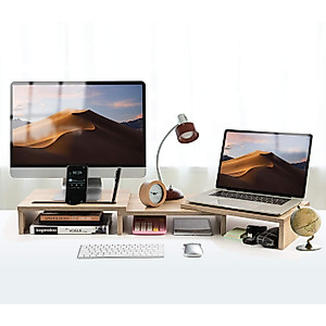 LORYERGO Dual Monitor Stand for Desk, Monitor Stand with 2 Slots for Phone and Tablet, Dual Monitor Riser with Length and Angle Adjustable, Computer Stand for Monitor, Laptop, Tablet (Light Wood)