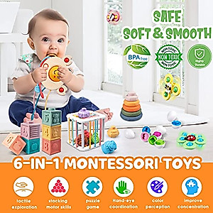 Baby Toys 6 to 12 Months, Montessori Toy for Toddlers 1-3, Infant Teething Babies Toy 6 in 1 Stacking Blocks Rings Pull String Toy Suction Cup Spinner Toy Matching Eggs Shape Sorter Sensory Bin (A)