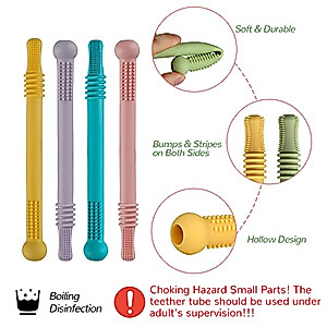 Yinghezu Hollow Teether Tubes, 6 Pack Chew Straw Toy for Infant Toddlers Silicone Teething Toys for Babies, 0-6 Months 6-12 Months BPA Free/Freezable/Dishwasher and Refrigerator Safe