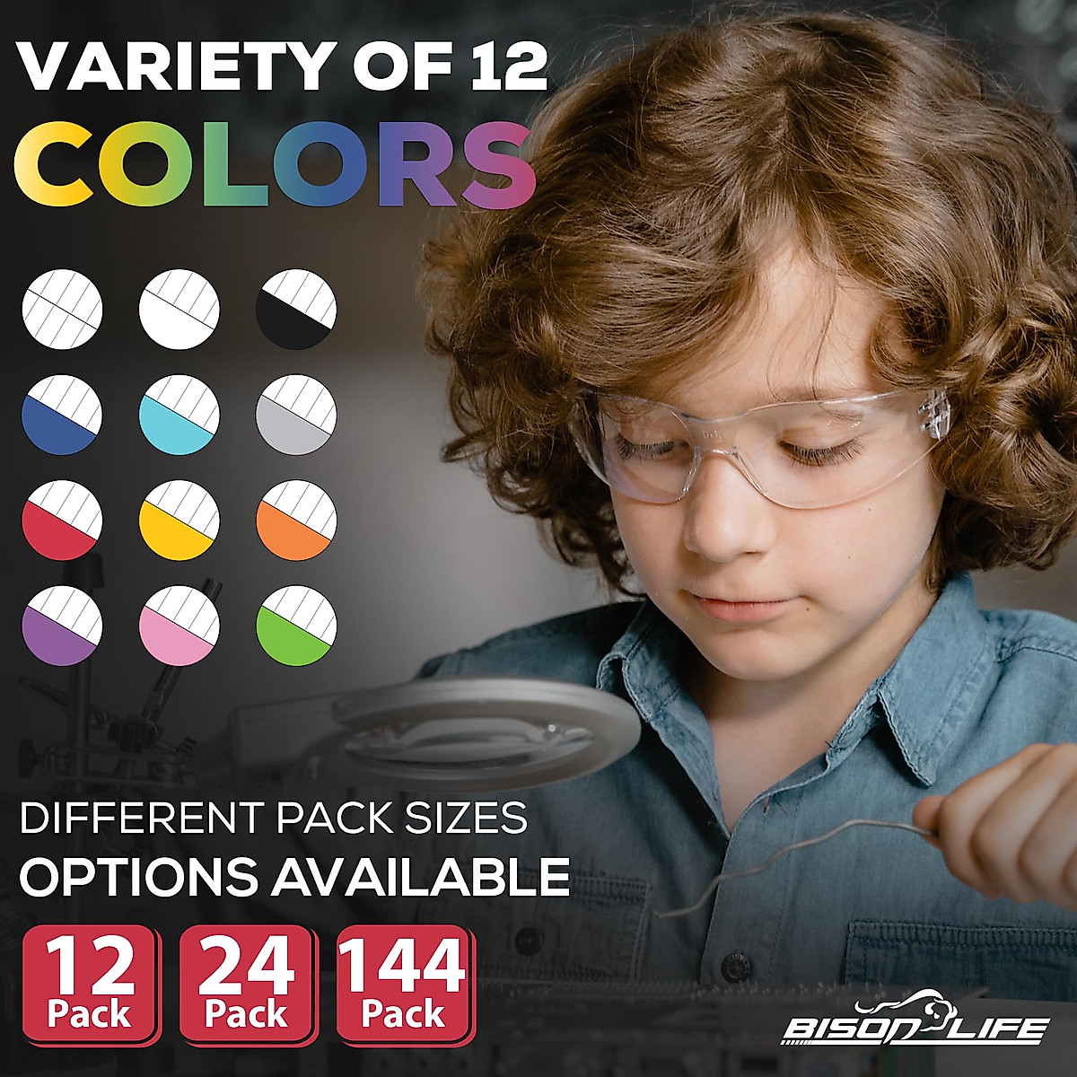 BISON LIFE Safety Glasses for Kids 12 Pack | ANSI Z87 Impact and Scratch Resistant, Clear Lens Assorted Color Temples, Child Youth Size Science Glasses Variety Pack
