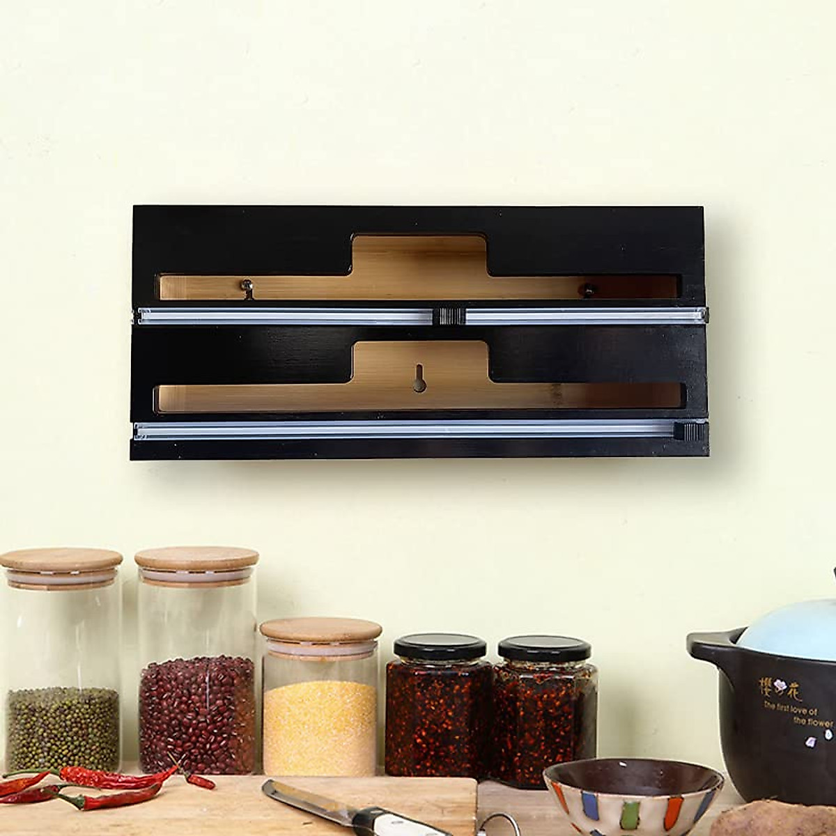 Plastic Wrap Dispenser with Cutter, Parchment Paper Foil and Plastic Wrap Organizer for Kitchen Drawer, Bamboo Kitchen Drawer Organizer and Wrap Holder(2 section)-25 x 14 x 5 cm