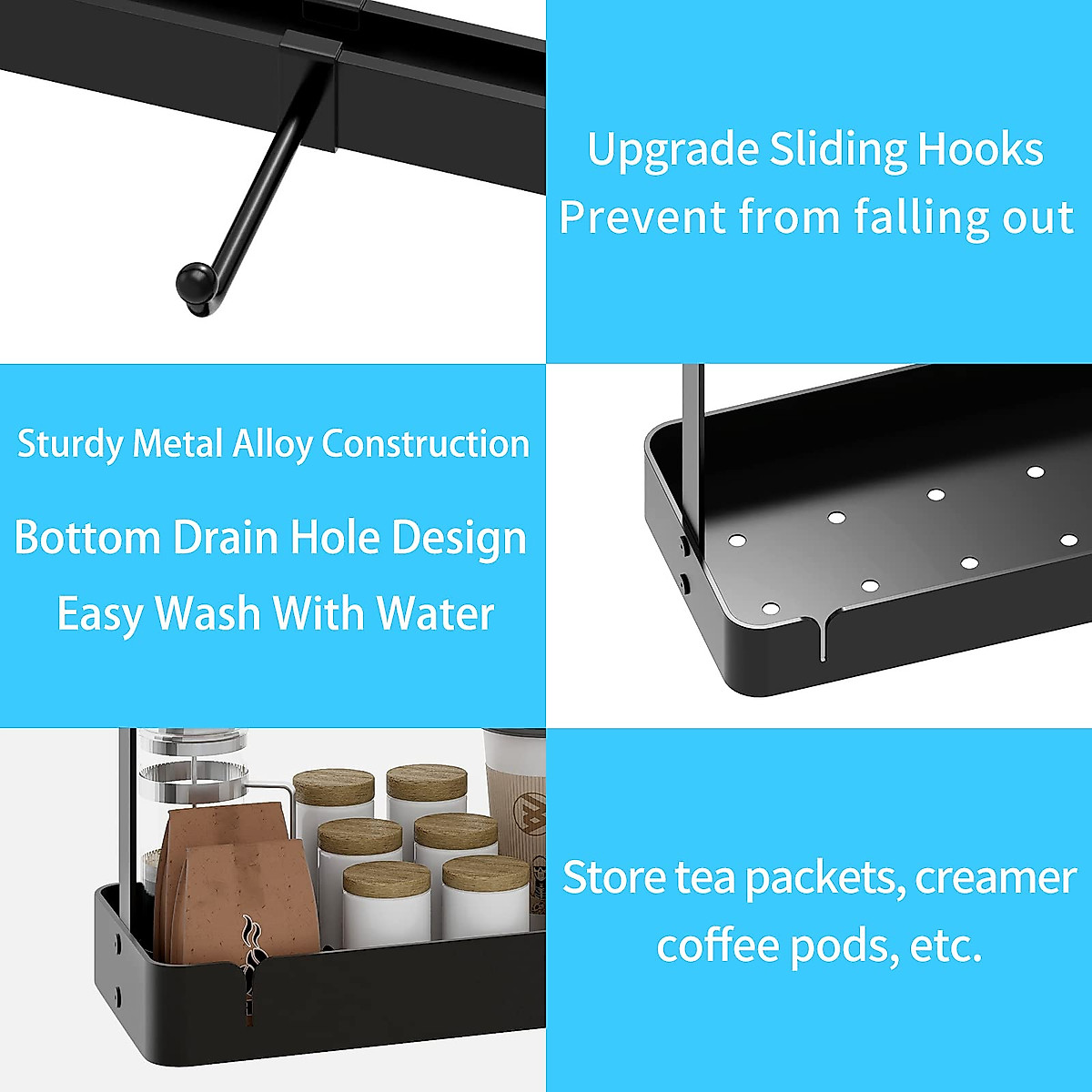 ZDDLOINP Aluminum Alloy Coffee Mug Holder with Movable Hooks, 16 Capacity Coffee Cup Holder for Countertop, 2 Tier Mug Tree Holder Rack with Storage Base for Coffee Pod, Sugar Bags, Paper Cups