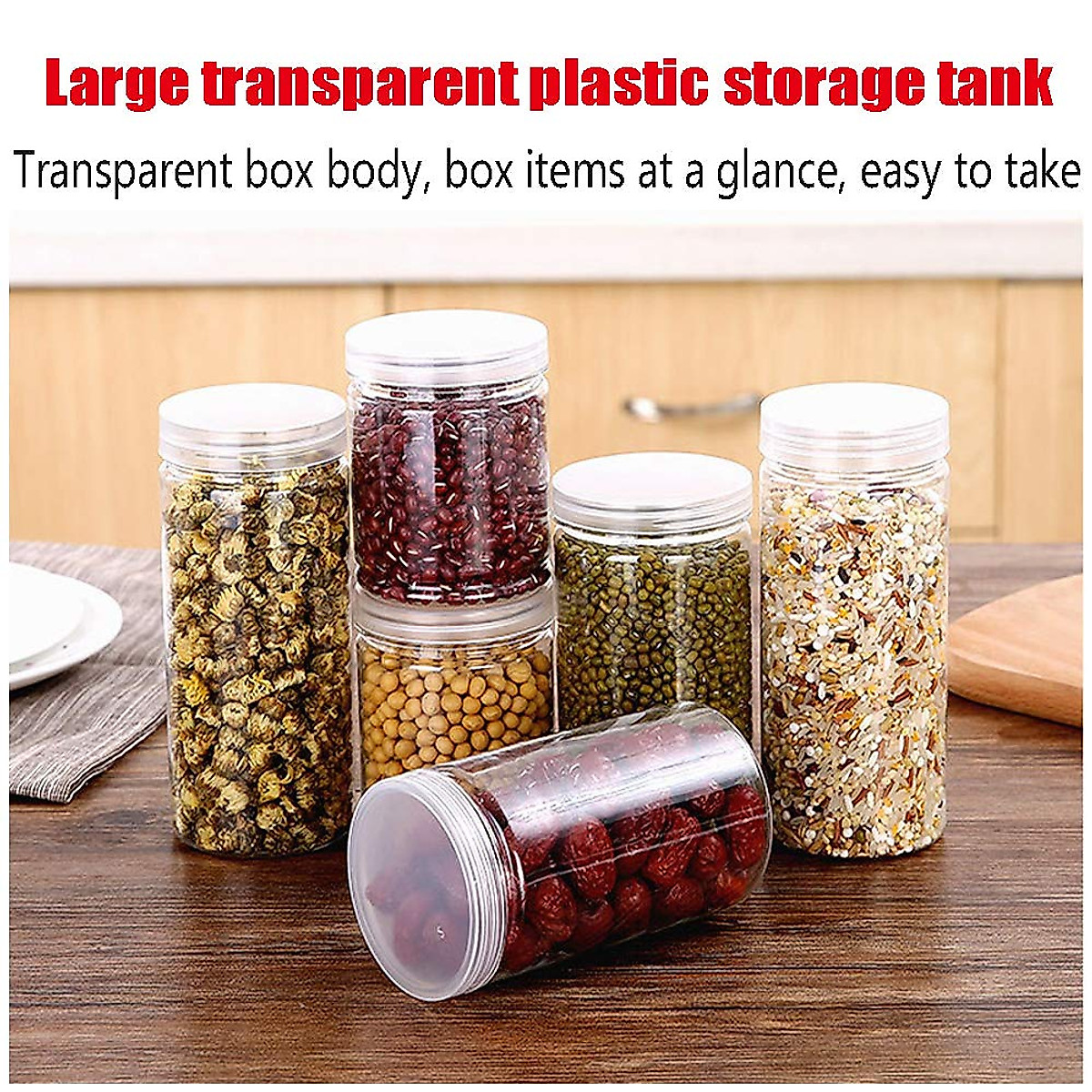 3 PCS 46OZ/1360ml Clear Plastic Round Storage Jars,Empty Plastic Jars with Lids,Clear Plastic Storage Jars with Screw on Lids for Dry goods,Noodles,Spices and More